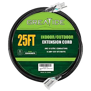 GREATIDE 25 Ft Lighted Outdoor Extension Cord - 10/3 SJTW Heavy Duty Black Extension Cable with 3 Prong Grounded Plug for Safety, UL Listed