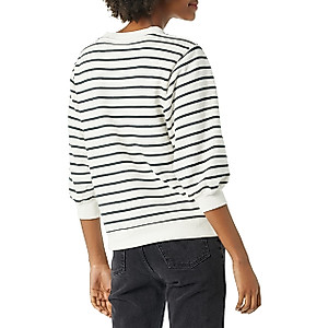 Amazon Essentials Women's Fleece Sleeve Detail Crewneck Sweatshirt, Black White Stripe, Medium