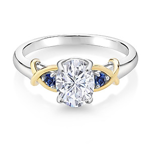 Gem Stone King 925 Sterling Silver and 10K Yellow Gold Customized and Personalized 3-Stone 8X6MM Oval and 2MM Round Gemstone Birthstone Name Engraved Ring For Women (Size 7)