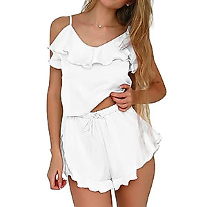 CHYRII Women's Sexy Silk Satin Ruffled Pajamas Sets Cami Shorts Sets Cute PJS Lingerie Slppewear Set White L