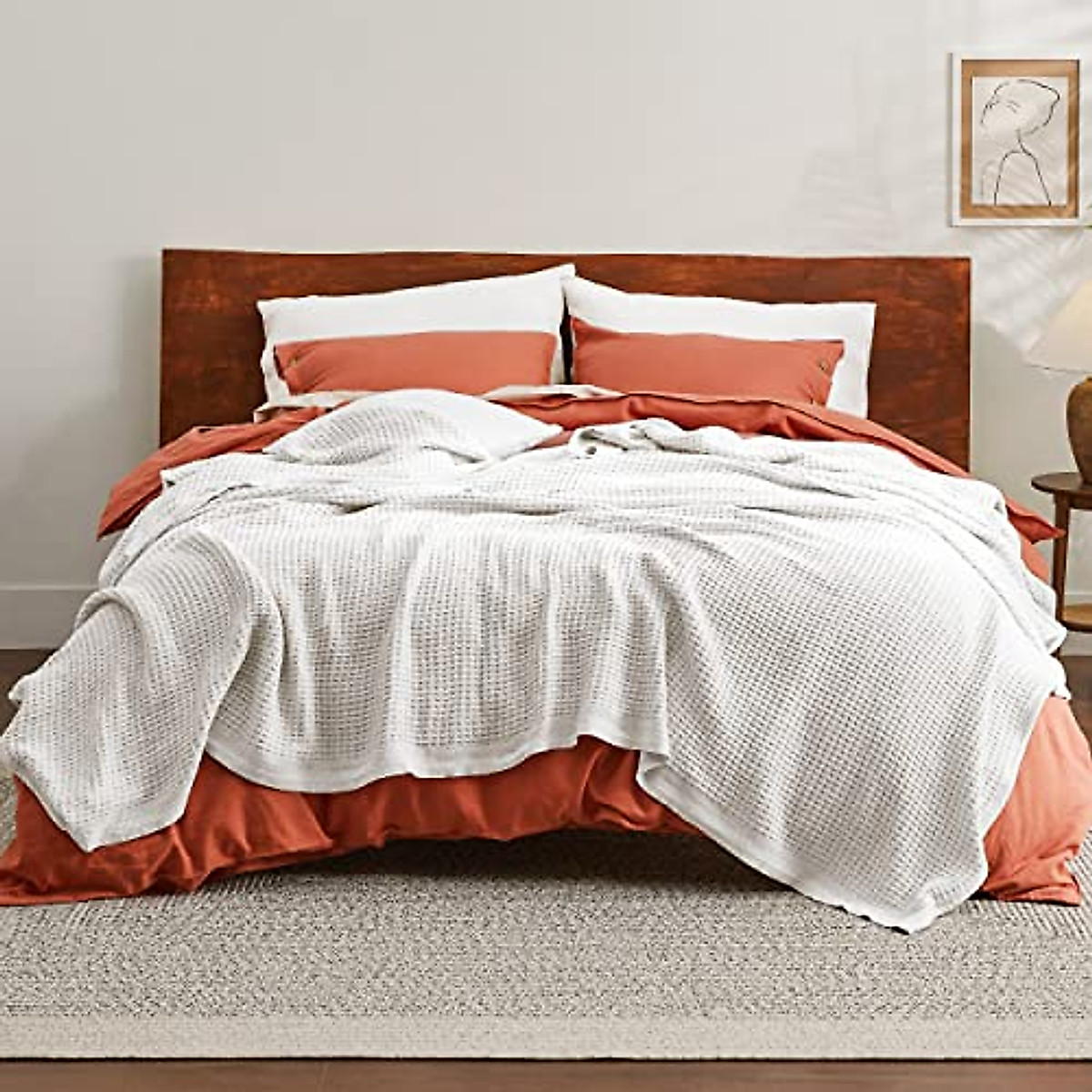 Bedsure 100% Cotton Blankets Queen Size for Bed - 405GSM Waffle Weave Blankets for Summer, White Soft Lightweight Woven Blankets for All Seasons, 90x90 inches