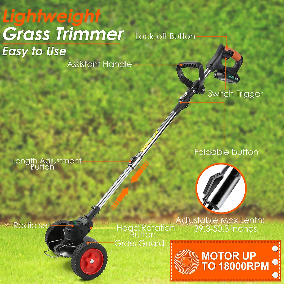 Powerful Cordless Weed Wacker, 21V Electric Brush Cutter with 2.0Ah Battery, Foldable Design, Lightweight and Versatile 3-in-1 Weed Eater for Garden, Lawn, and Yard