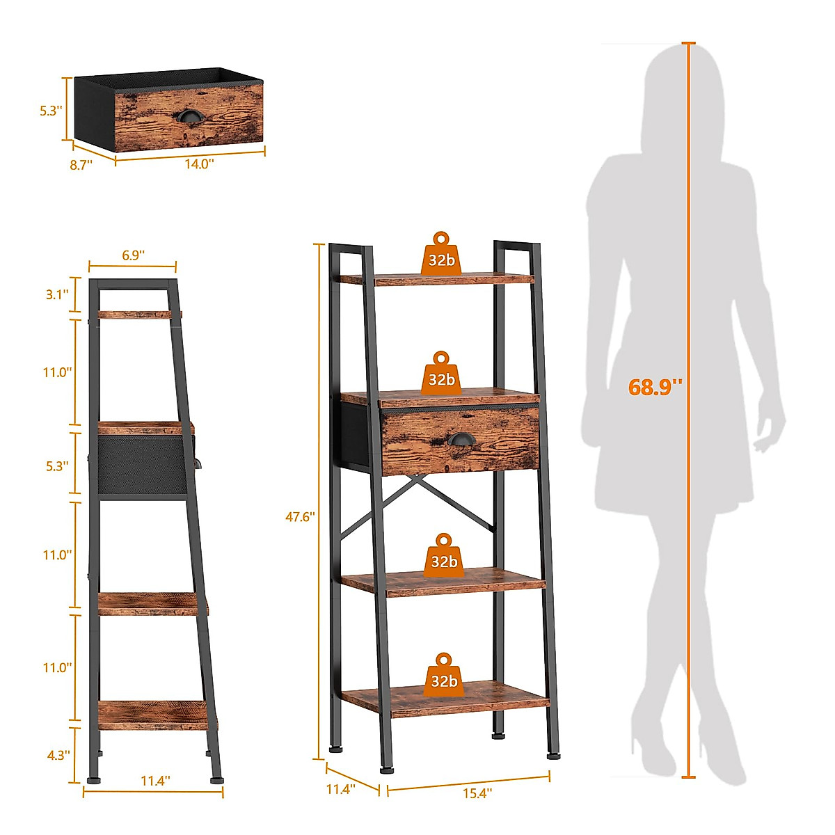 Furologee 4 Tier Ladder Shelf, Narrow Ladder Book Shelf with Drawer, Modern Bookcase Freestanding Shelf Units, Storage Shelves Organizer for Bedroom, Living Room, Bathroom, Home Office, Rustic Brown