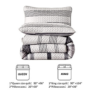Mybedsoul Grey Boho Quilt Set King Size,3 Pieces Striped Bedspread,Soft Microfiber Coverlet for All Season-1 Quilt and 2 Pillow Shams,90"x104"