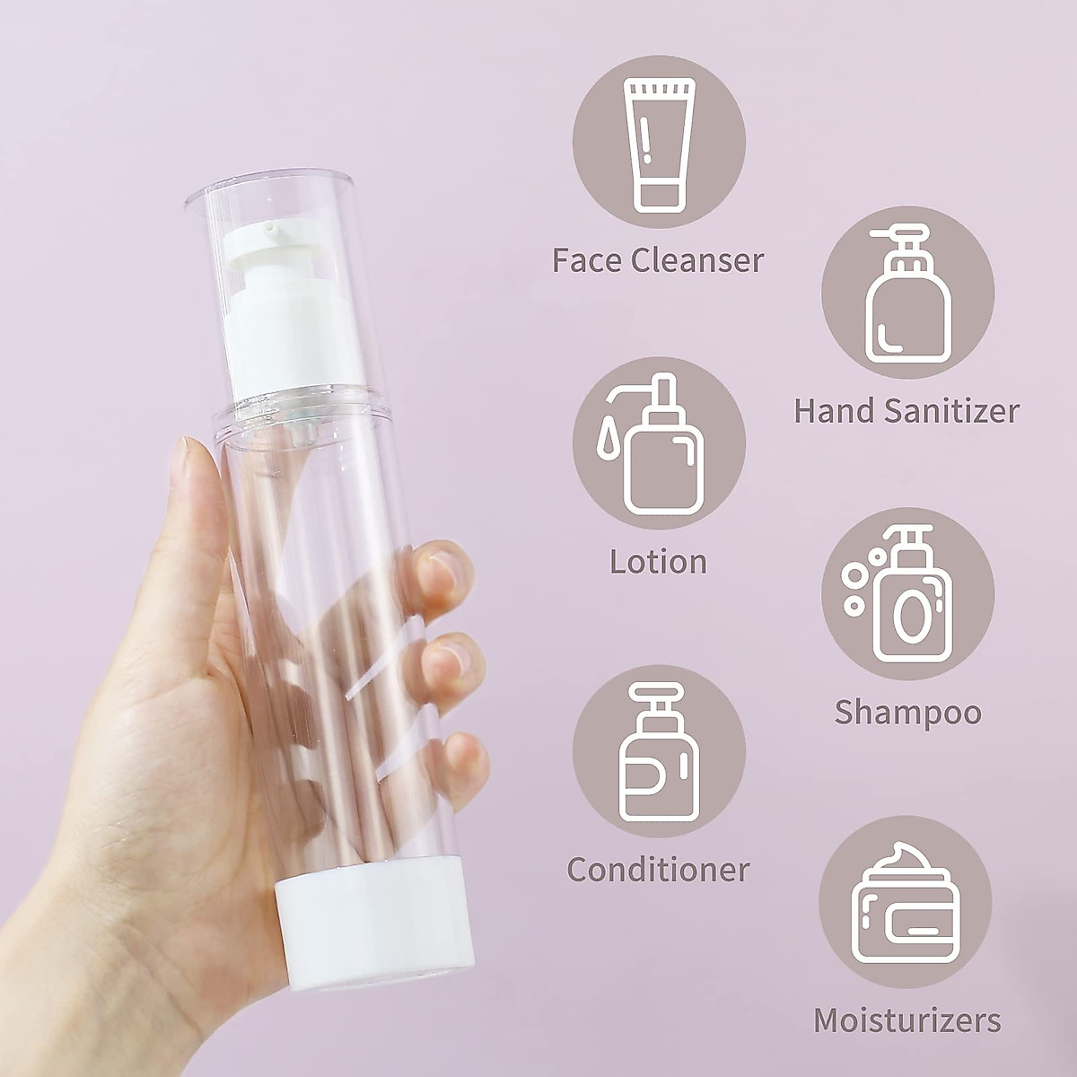 longway 3.4 Oz 100ml Clear Airless Cosmetic Cream Pump Bottle Travel Size Dispenser Refillable Containers for Foundation, Shampoo (Pack of 6)