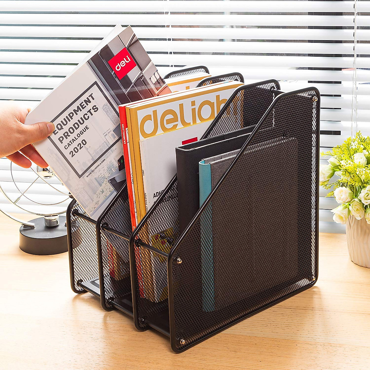 deli Mesh Magazine File Holder, Desk Organizer File Folder Document Rack for Office Organization and Storage, 3 Vertical Compartments, Black