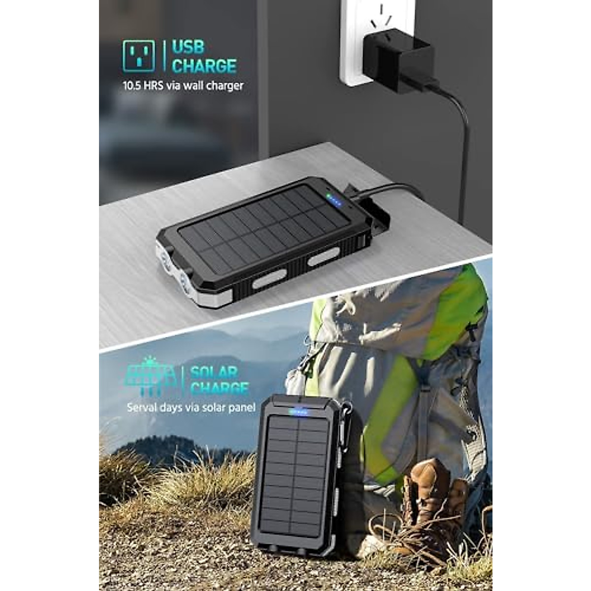 Mregb Solar Power Bank 36800mAh Portable Solar Charger 5V3.1A,QC 3.0 Dual 2 USB,LED Flashlights(Light Black)