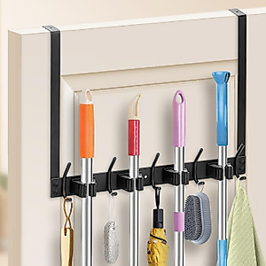 BEIUTAO Broom Holder Over the Door, Stainless Steel Heavy Mop and Broom Holder Wall Mount, Over the Door Hooks for Garage Closet Laundry - 4 Racks with 5 Hooks, Black