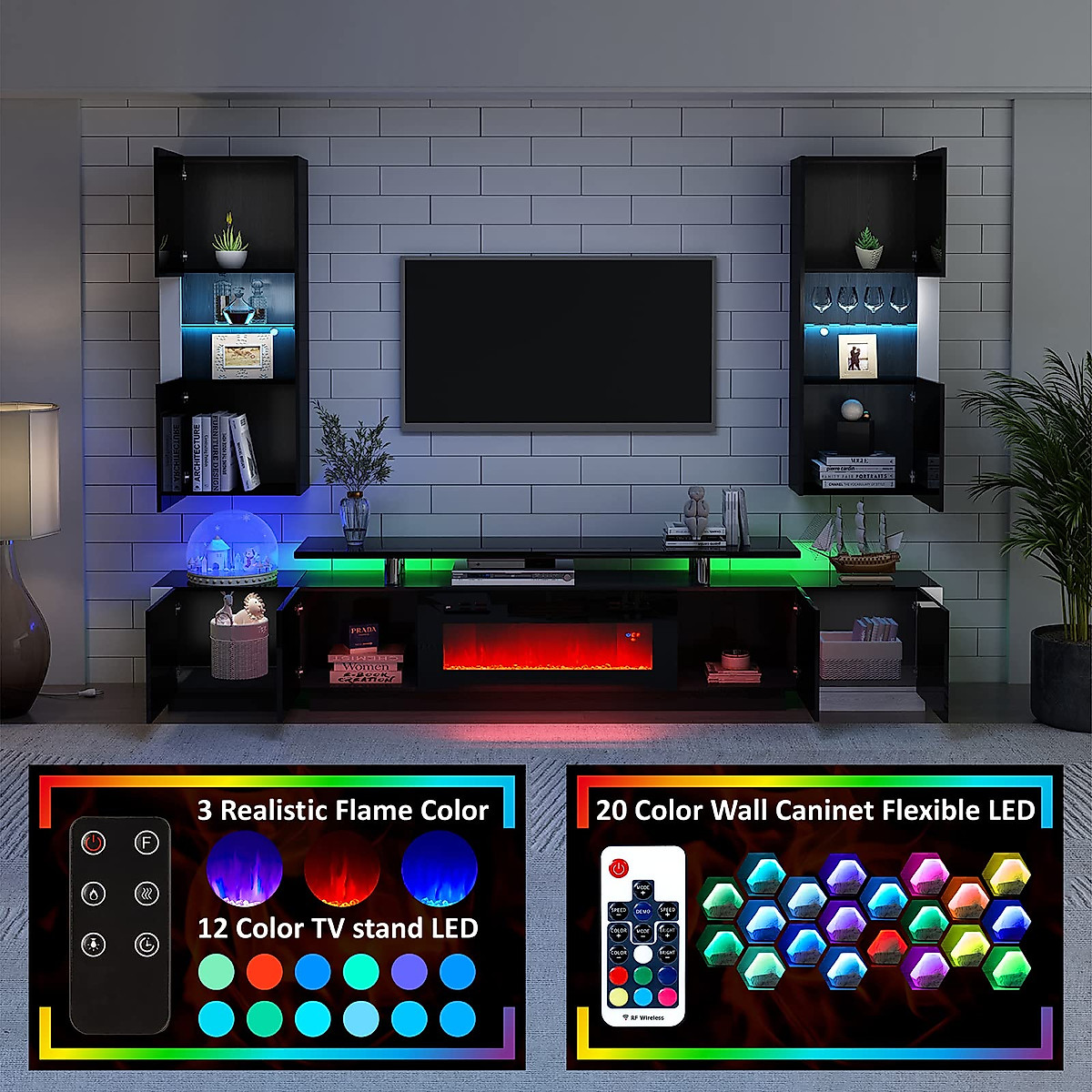 AMERLIFE Wall Unit Entertainment Center with Fireplace and Bookshelves, Includes 70" 2-Tier Fireplace TV Stand, 2 x Wall Cabinets & 2 x End Tables, Modern LED Lights TV Console for Living Room, Black