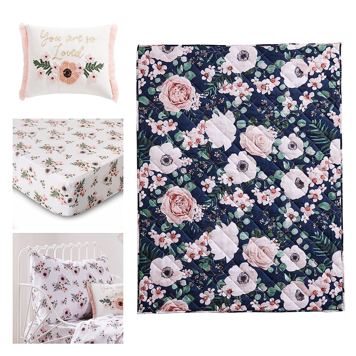 Levtex Baby - Fiori Toddler Bed Set - Black, Blush, Pink, White - Bold Floral - 5 Piece Set Includes Reversible Quilt, Fitted Sheet, Flat Sheet, Pillow Case, Decorative Pilow