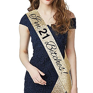 "I'm 21 Bitches!" Sash & Rhinestone Headband Set - 21st Birthday Gifts Birthday Sash for Women Birthday Party Supplies (Gold Glitter/Black)