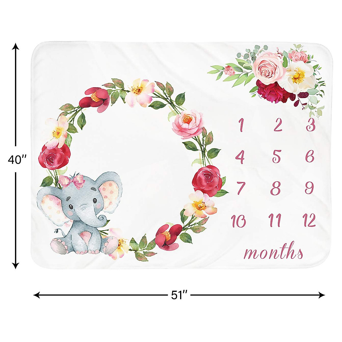 Baby Monthly Milestone Blanket Girl - Newborn Month Blanket Personalized Shower Gift Soft Fleece Photography Background Photo Prop Floral Elephant Blanket with Frame Headband Large 51''x40''