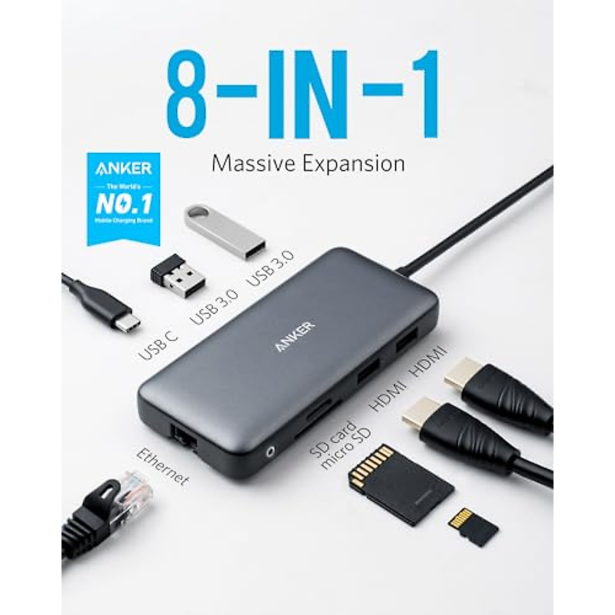 Anker 553 USB-C Hub, 8-in-1 USB C Dock, Dual 4K HDMI USB C to USB Adapter, 1 Gbps Ethernet USB Hub, 100W Power Delivery, SD Card Reader for MacBook Pro, XPS and More