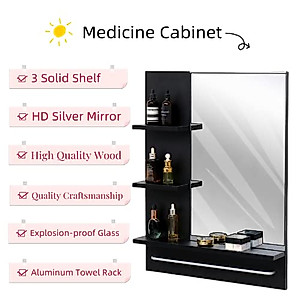 Muzilife Bathroom Medicine Cabinet with Mirror Wall Medicine Cabinet Storage, Over Toilet Storage Cabinet for Bathroom Laundry Room Kitchen - 3 Fixed Shelves, 1 Aluminum Towel Rack, Black