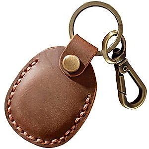 Leather Airtag Holder Keychain, Portable Handmade Genuine Leather Air Tag Holder with Keyring Full Coverage Protective Case Cover Compatible for AirTags 2021 Brown