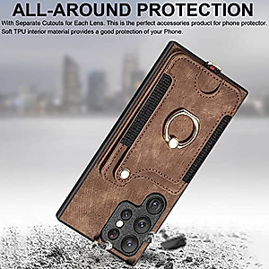 S22 Ultra Case,Card Holder Wallet for Galaxy S22 Ultra Case,Ring Holder Stand,RFID-Blocking,Wrist Strap,Camera Protector,Leather Protective Magnetic Flip Cover for Samsung S22 Ultra Case (Brown)