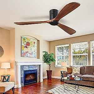 Mpayel 60" Ceiling Fan, Flush Mount Outdoor Ceiling Fan with 3 Walnut Wood Blades, Reversible and Timing, No Light for Indoor Bedroom, Outdoor Covered Patios, Backyard