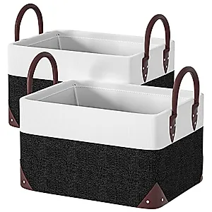 Foldable Storage Bins Baskets - Decorative Linen Fabric Storage Baskets with Steel Frame and PU Leather Handles for Organizing Shelf Closet