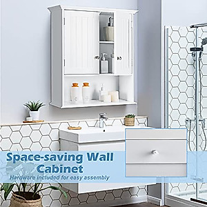 LOKO Bathroom Wall Cabinet, Wall Mounted Storage Cabinet with Double Doors, Multifunctional Medicine Cabinet with Adjustable Shelf, 23.5 x 7.5 x 28 inches (White)