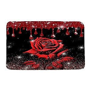 Red Rose Bath Mat Modern Fashion Black Art Dreamy Elegant Ladies and Girls Microfiber Memory Foam Bathroom Decor Mat 17.7X29.5 Inch