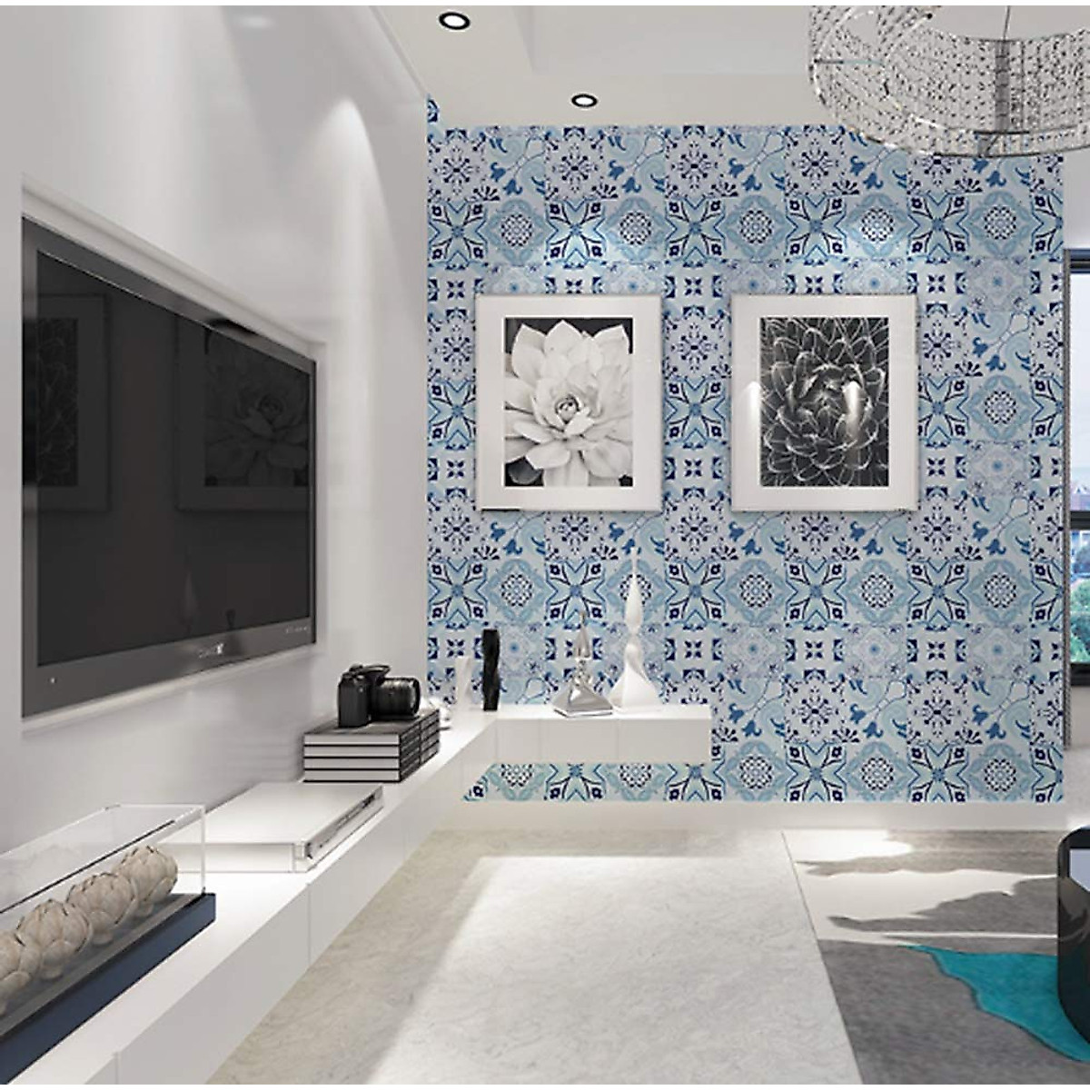 Yija Nordic Style Waterproof Shelf Drawer Liner Self-Adhesive Cabinet Sticker 17.7 Inch by 98 Inch (Porcelain Pattern)