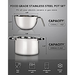 Marsheepy Double Boiler Pot Set,1250ML/1.1QT Mixing Bowl for Chocolate Melting, 2200ML/ 2QT 304 Stainless Steel Pot With Silicone Spatula for Melting Chocolate, Candy, Candle, Soap, Wax