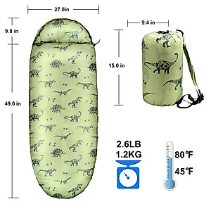 Kids Sleeping Bags for Boys – Military Green Dinosaur – Rioyalo YOLO 45 Camping Sleeping Bags for Kids with Carry Bag - Outdoor and Indoor (Military Dinosaur)
