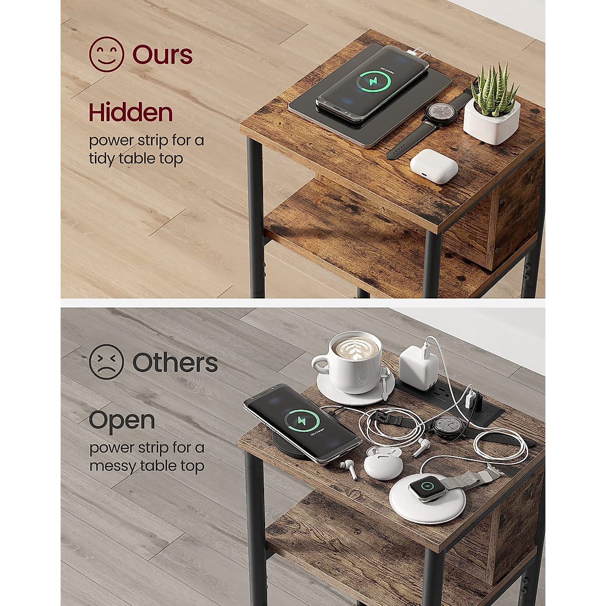 VASAGLE Side Table with Charging Station, 3-Tier End Table with USB Ports and Outlets, Nightstand for Living Room, Bedroom, 11.8 x 13.4 x 22.8 Inches, Plug-In Series, Rustic Brown and Black ULET373B01