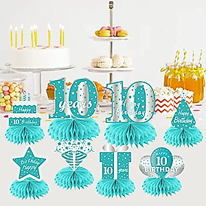 Yoaokiy Teal 10 Year Old Birthday Decorations Honeycomb Centerpieces, 8Pcs Breakfast Blue Happy Table Sign Party Supplies for Girl, Sweet 10th Bday Topper Decor (1987Y11291)