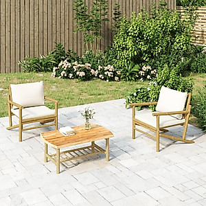 VRAXO 3 Piece Patio Lounge Set with Cream White Cushions Bamboo,Outdoor Furniture Sets-57.2lbs