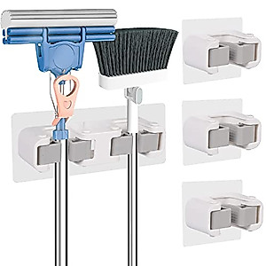 Arrozon Broom Holder Wall Mount,4 Pcs Mop and Broom Organizer Wall Mounted Self Adhesive Heavy Duty Broom Hanger and Mop Grippers for Kitchen, Bathroom, Closet, Garden Garage (White)