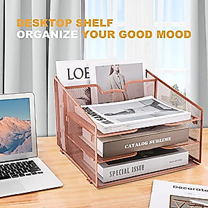 Meshist Rose Gold Desk Accessories Organizer, Desktop File Organzier with 3 Letter Trays and 1 Upright Section, Paper Organizer for Home and Office
