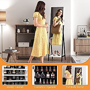 LVSOMT 6 LED Standing Jewelry Mirror Cabinet, Jewelry Armoire Storage Organizer, Full Length Mirror Floor Mirror with Jewelry Storage, Lockable Stand, Large Box, Iron Legs, Bottom Shelf, White