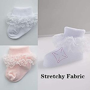 Mini angel Baby Lace Socks Newborn Girls Triple Lace Ruffle Frilly Socks Soft Cotton Turn Cuff Socks with Box Gift Set,3 Pairs,White/Pink,0-6 Months