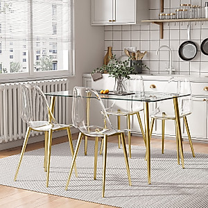 51 inch Glass Dining Table Set for 4, Dining Table & Chair Sets with Gold Plating Legs for Kitchen, Modern Rectangle Tempered Glass Table Top and Transparent Plastic Dining Chair for Dining Room
