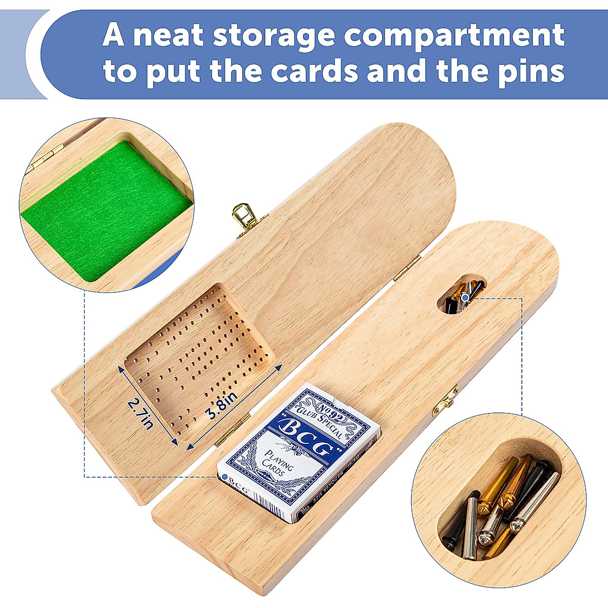 ropoda Cribbage Board Game, Classic 3 Track Board with 9 Cribbage Pegs, A Deck of Playing Cards and Storage Area, Portable and Foldable Wooden Board Game