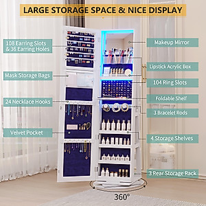 Vlsrka LED Jewelry Armoire with Full Length Mirror 360° Rotating, Jewelry Cabinet Large Standing Lockable Mirror Jewelry Organizer with Inner Makeup Mirror & Soft Velvet for Living Room Bedroom