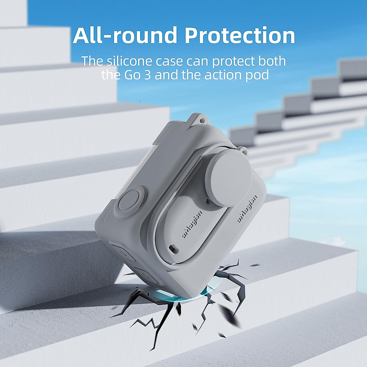 LEWOTE Accessories Kit Compatible with Insta360 GO 3 [Silicone Camera Case Cover and Lens Cap][2Pcs 3D Screen Protector Film][Carrying Case Bag with Auto Locking Carabiner and Anti-loss Lock] (Gray)