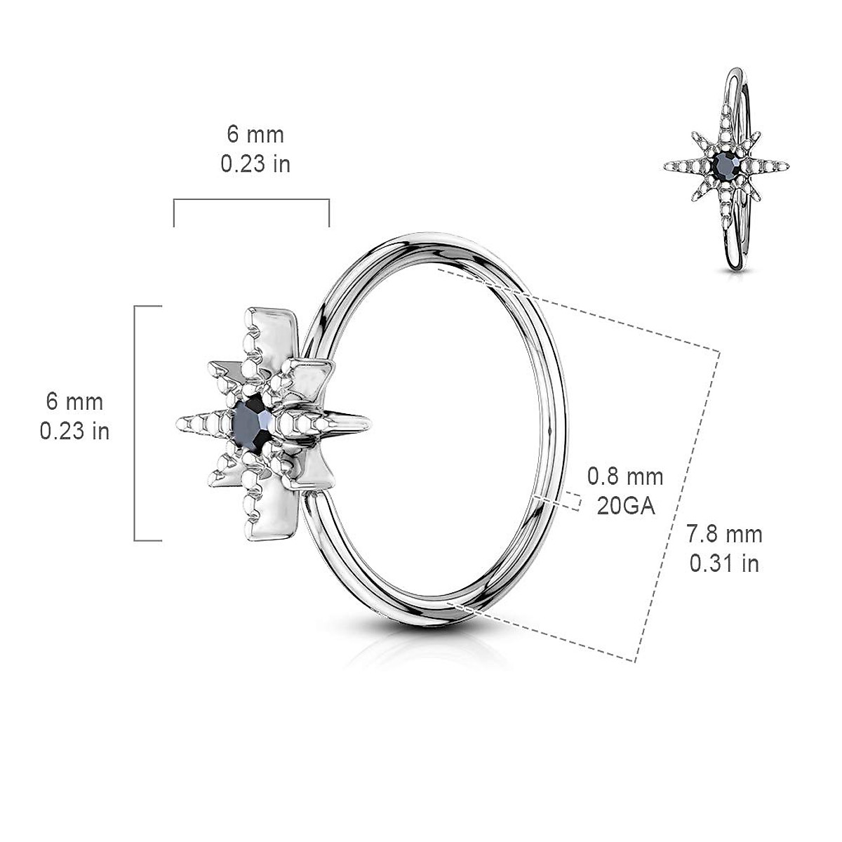 Pierced Owl Black CZ Crystal Centered Starburst Bendable Annealed Nose/Cartilage Ring