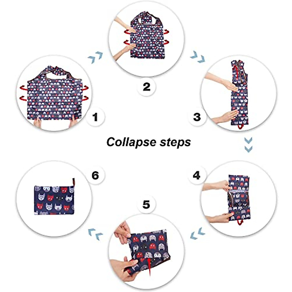 ZEWZE Reusable Shopping Bag, Foldable, Washable Grocery Tote with Pouch, environmental protection, light, small and portable (Cat (blue)+Cat (yellow))