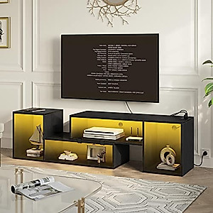 Rolanstar TV Stand, Deformable Stand with LED Strip & Power Outlets, Modern for 45/50/55/60/65/70 inch TVs, Gaming Entertainment Center Media 2 Pieces Console Cabinet, Black