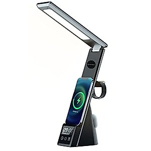 EzTechNest Desk Lamp – 3-in-1 Led Lamp with Built-in Wireless Phone Charger – Smart Desk Lamps for Home Office with Clock and Alarm Display – Dimmable Desk Lamp with Foldable Design