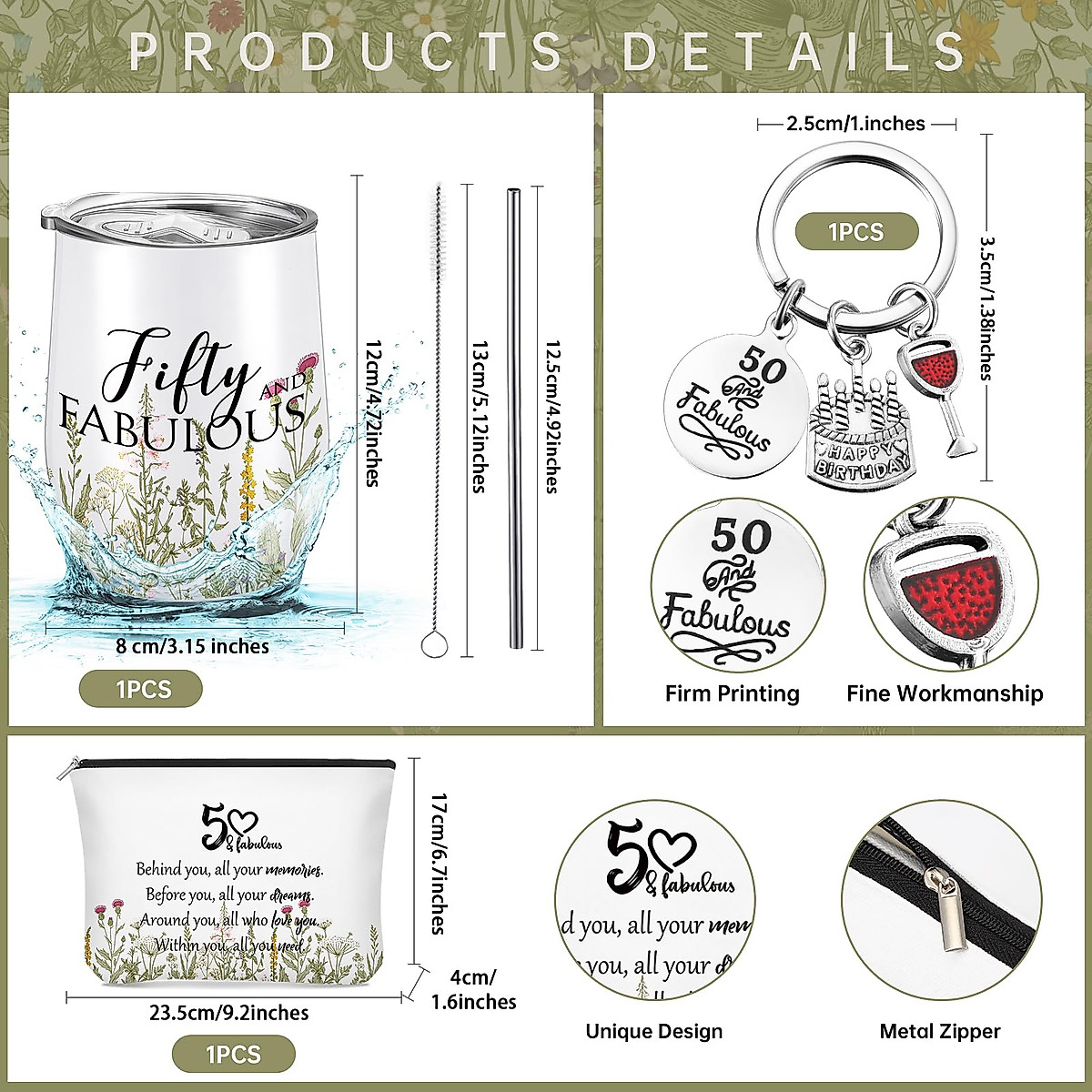 Irenare 50th Birthday Gifts for Women Fifty Fabulous Gifts for Her Happy 50th Birthday Gifts for Grandma Mom Sister Wife Aunt Friends Wine Glass Cosmetic Bag for Woman Birthday Gift(Elegant Style)