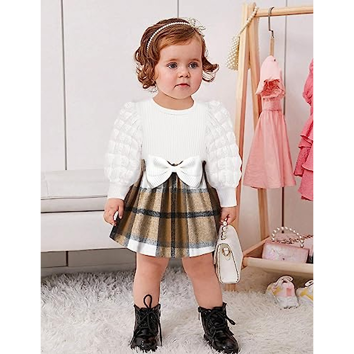 Qaoerde Baby Girl Dresses 12-18 Months Baby Girl Dress Puff Sleeve Brown Plaid Dress Baby Girls' Dresses Baby Dresses 12-18 Months Baby Girl Fall Dress Baby Girl Winter Dress Thanksgiving Outfit
