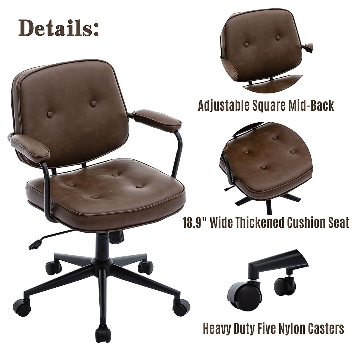 LukeAlon Adjustable Pu Leather Home Office Chair, Comfy 360° Swivel Task Chair with Armrest Modern Thickened Seat Desk Chair Tiltable Computer Chair with Buttons & Wheels, Brown