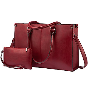 LOVEVOOK Vintage Leather Laptop Tote, 15.6 Inch Work Bag for Women, Large Capacity Business Handbag with 2PCs