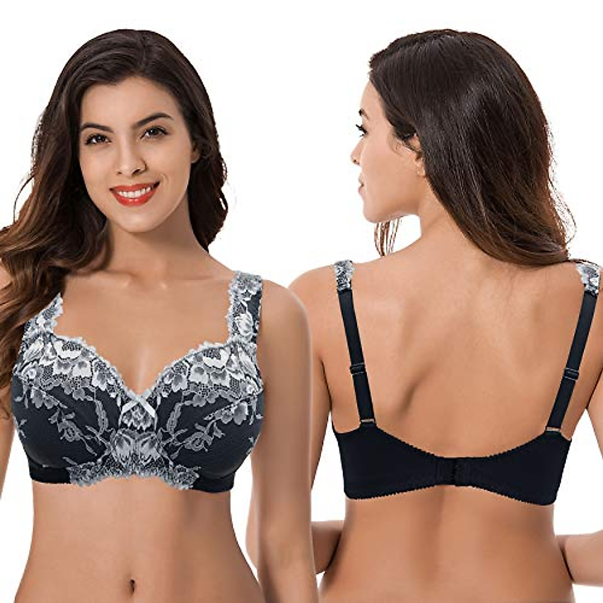 Curve Muse Women's Plus Size Minimizer Unlined Wireless Lace Full Coverage Bras-2Pack-Black,Red-44D