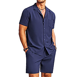 COOFANDY Men's 2 Pieces Shirt Set Short Sleeve Button Down Casual Hippie Holiday Beach T-Shirts Shorts Outfits (Navy Blue, Large)