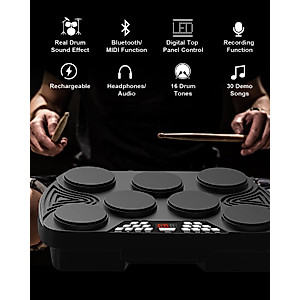 KONIX Electronic Drum Set, Tabletop Electric Drum Kit, 7 Pad Portable Digital Drum Pad Machine with Digital Panel, Built-in Speakers, PC Connection Support, Ideal Gift for Teens and Adult Beginners