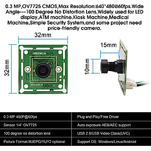 VGA High Speed Wide Angle USB Camera Module for Computer 480P 60fps Super Mini UVC USB2.0 Webcam Board with 100degree No Distortion Lens CMOS OV7725 Industrial CCTV PC Camera for Linux Mac Android